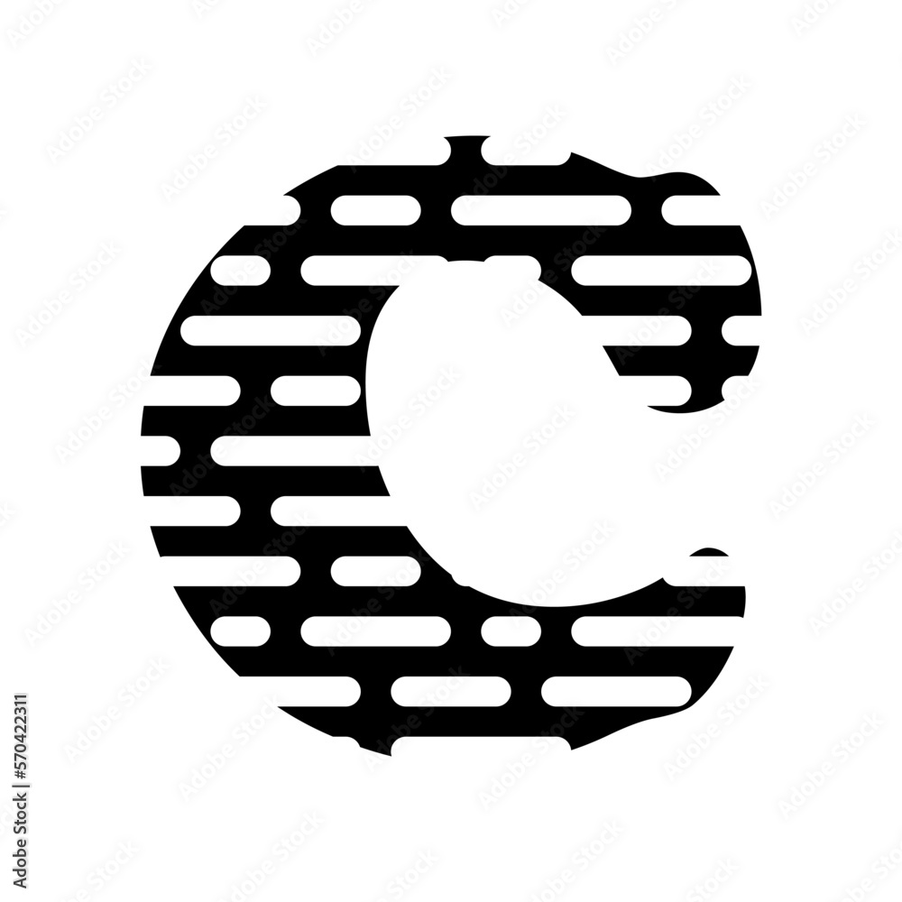 Monochrome vector graphic of the letter C with random length sections ...