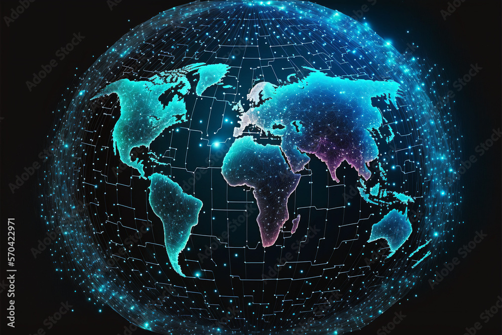Earth Communications network map of the world. Dark blue background map ...