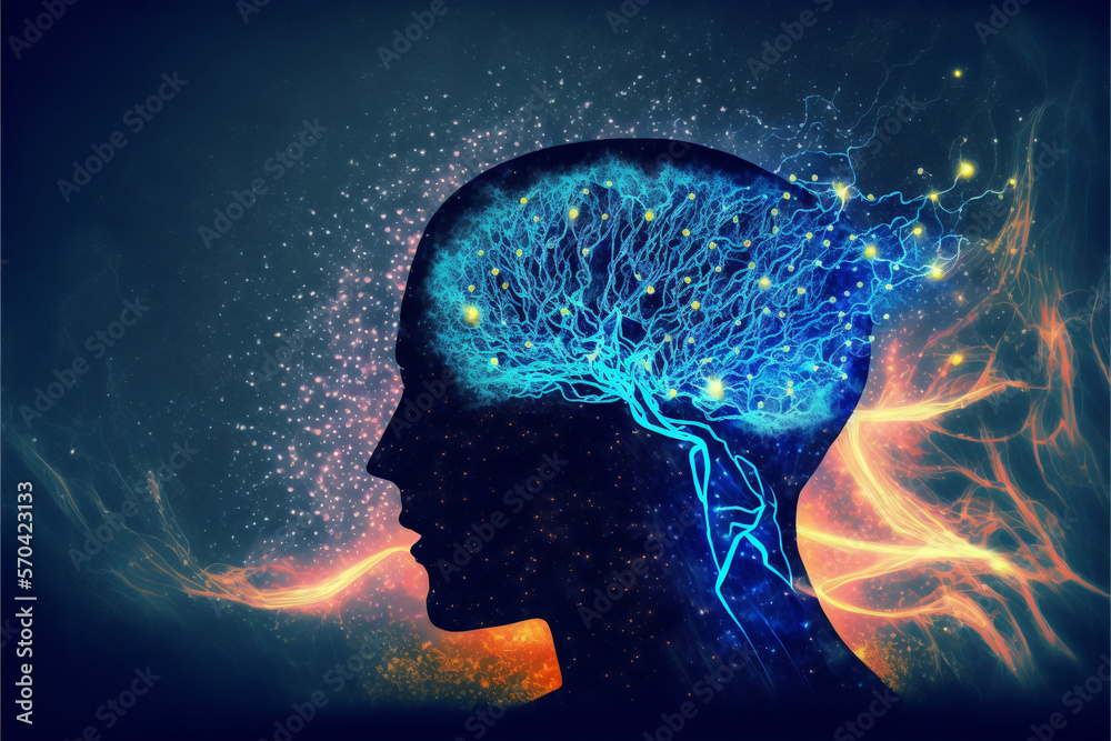 Virtual reality man with symbol neurons in brain. Creative idea and ...