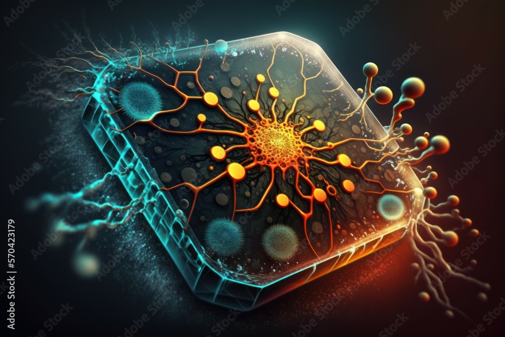 Biological cell close-up under a microscope. Nanobiotechnology concept ...