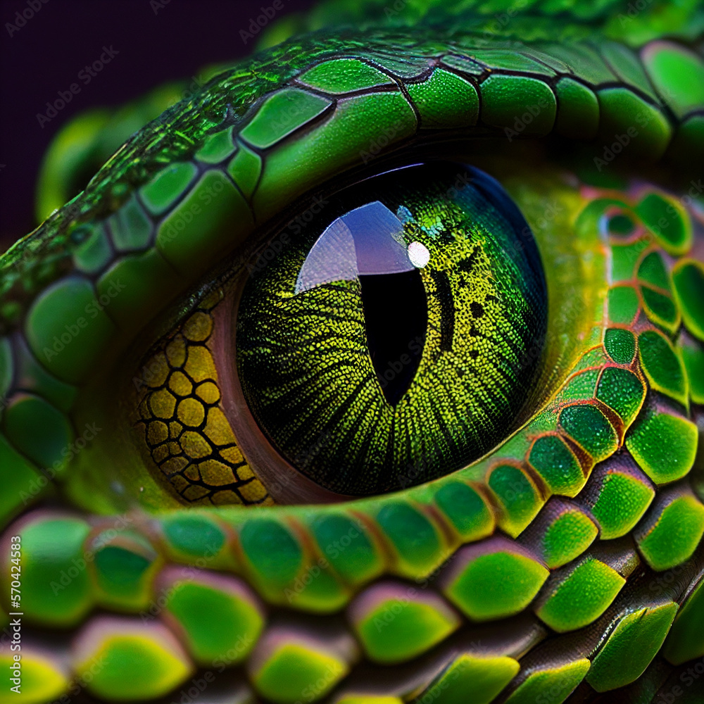 Eye of poisonous snake framed by green scales close-up, eye of a animal ...