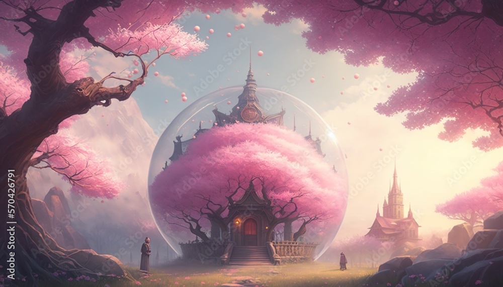 Romantic pink cherry blossom surrounding ancient style building fantasy ...