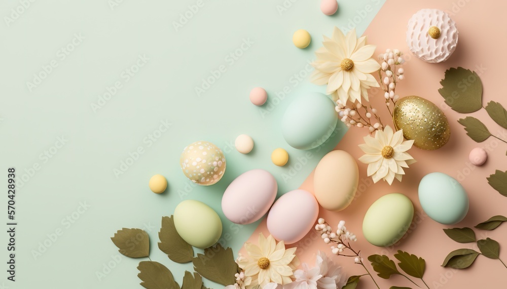 Minimalist, modern Easter background with flowers and Easter eggs in ...