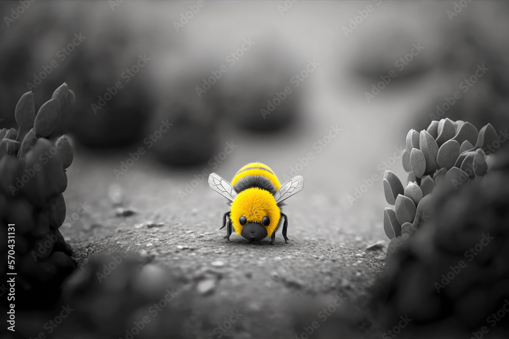 Cute yellow bee alone in a grey dull and withered world. bees getting extinct concept ...