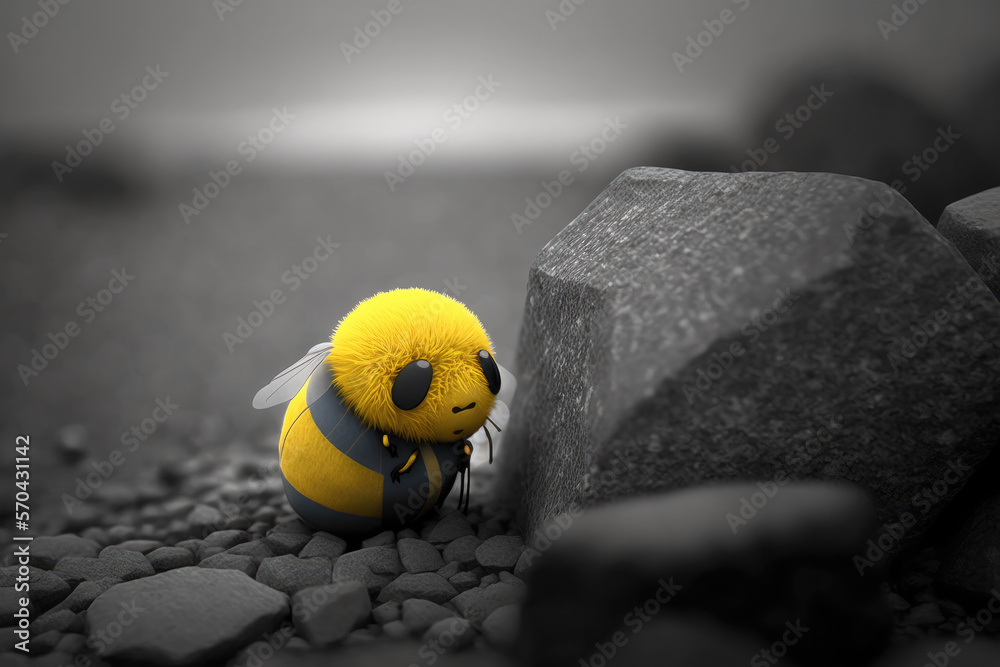 Sad yellow bee alone in a grey dull and withered world. bees getting extinct concept, animation ...