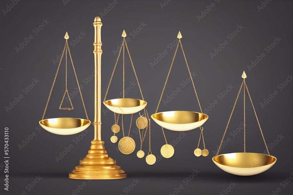 Gold balance scales with metallic chains and wood base used to compare weights, isolated on ...