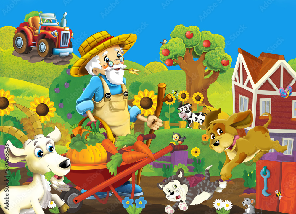 cartoon farm ranch scene with farmer boy different animals and pumpkins ...