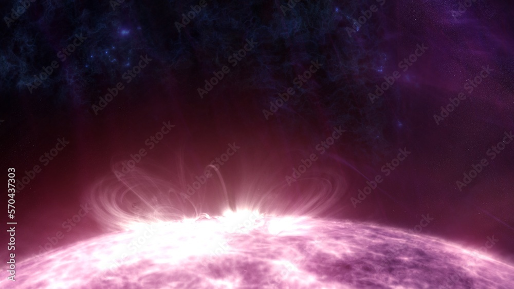 Super massive white star erupting solar flares close-up. 3D ...
