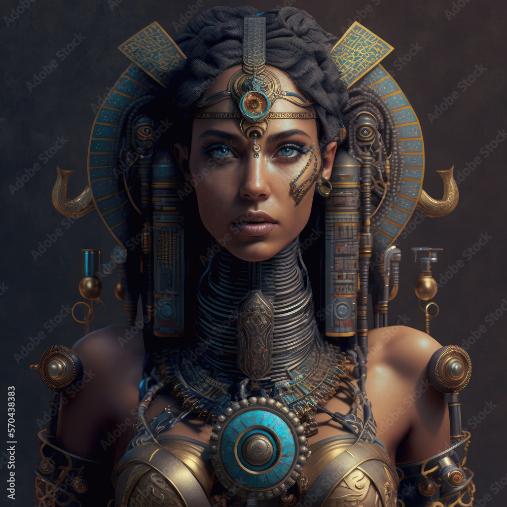 The beautiful Egyptian cyborg goddess with biomechanical prostheses and gold details, generative ...