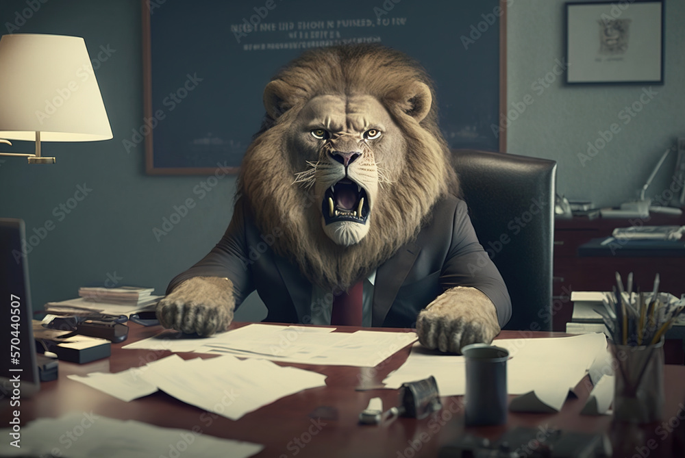 Lion wearing business suit in office, man boss with head of animal ...