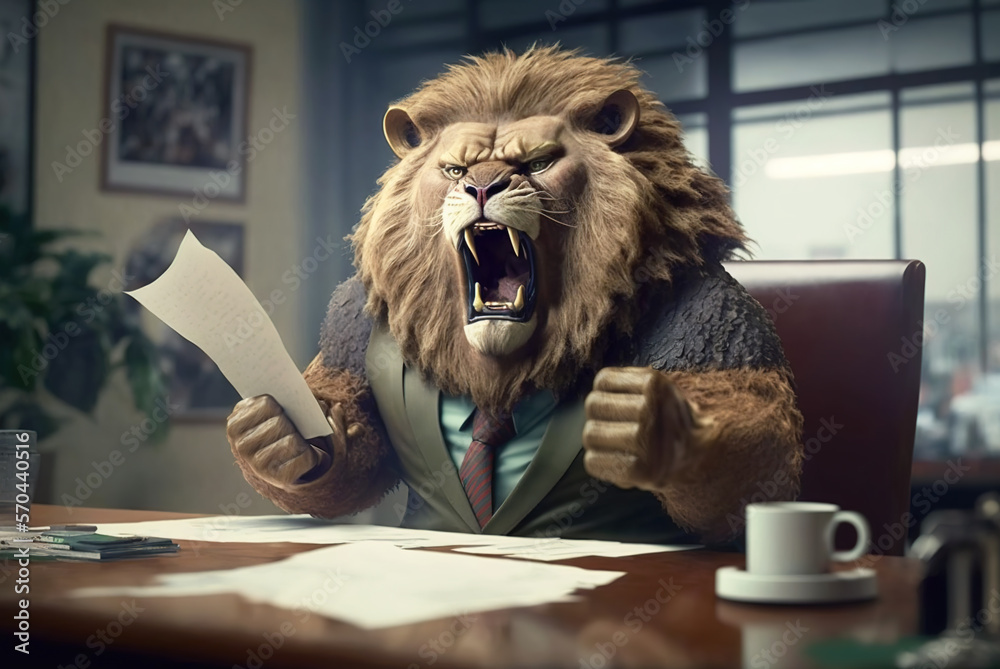 Man as lion is furious in office, mad strong boss with head of animal ...