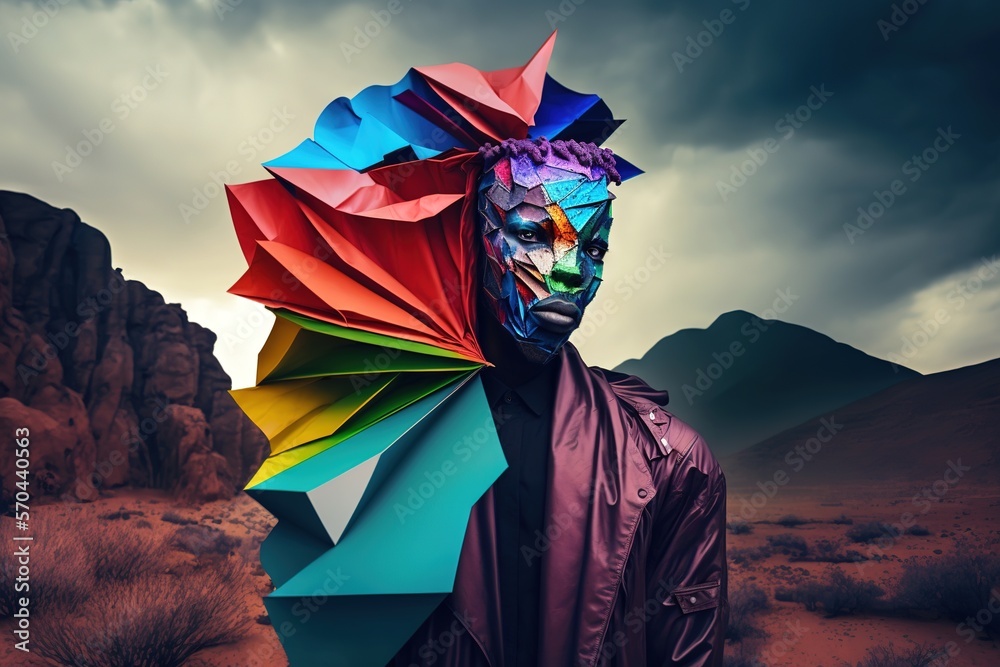 Surreal abstract mask. African model posing in desert arid location ...