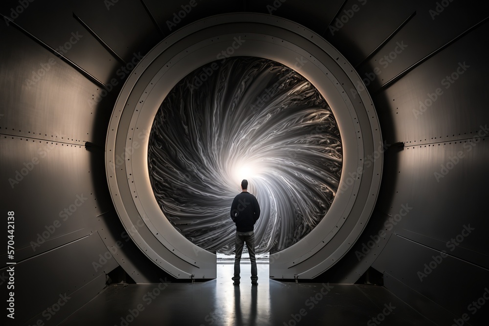 Person standing in front of large particle accelerator, concept of ...