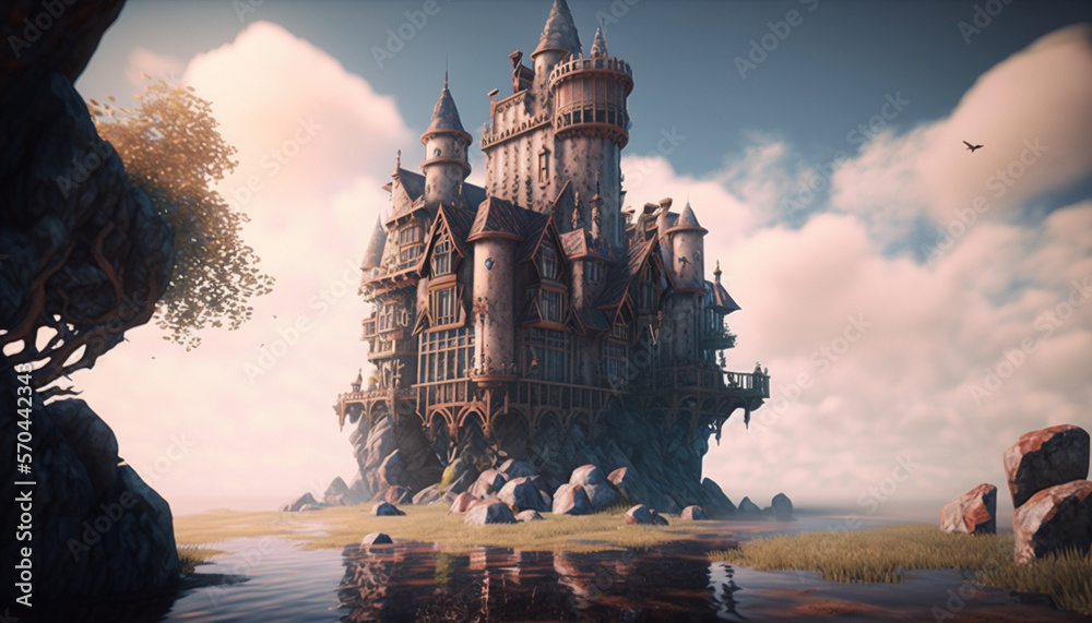 A floating castle in the air with tall turrets genarative AI Stock ...