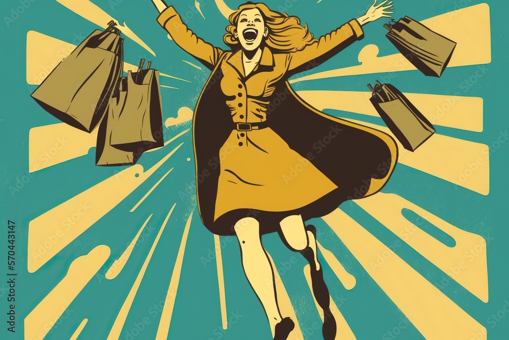 Customer jumping up and down with excitement holding sale item in each ...