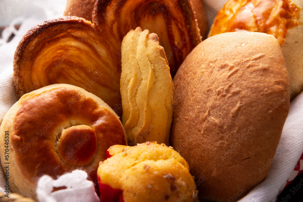 Variety of traditional Mexican sweet bread, Hojaldra, Bisquet, Chino ...