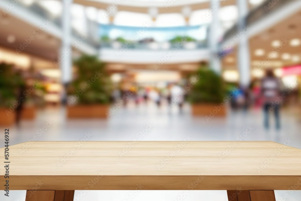 Empty wooden table in front of blurred background of shopping mall ...