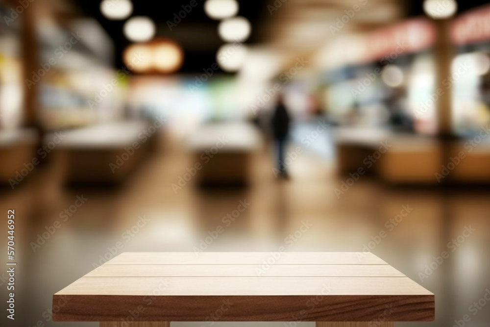 Empty wooden table in front of blurred background of shopping mall ...