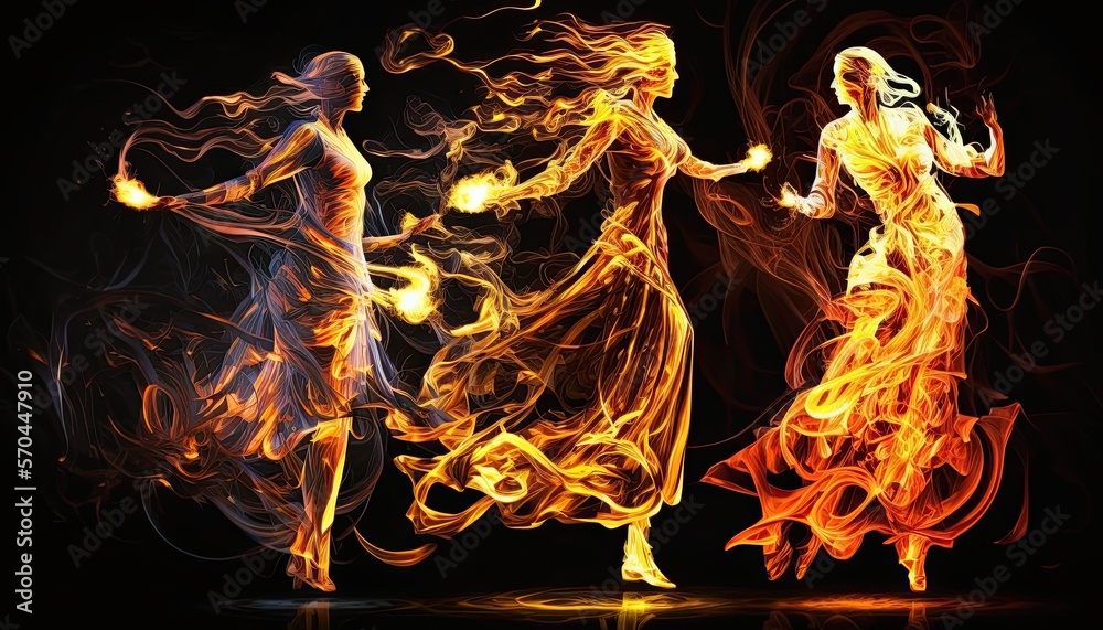 Dancing fire and flames on a dark background. Abstract inferno and heat ...
