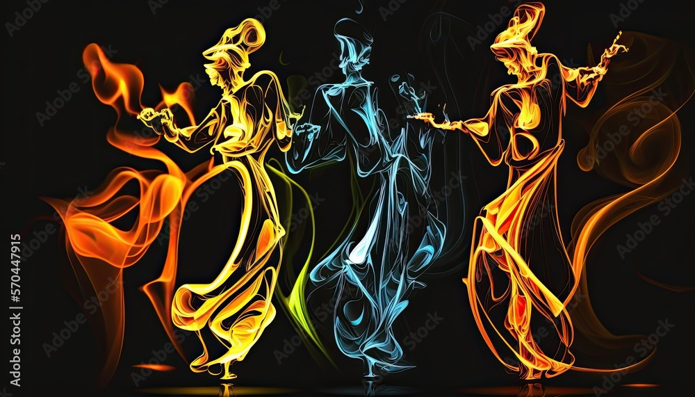 Dancing fire and flames on a dark background. Abstract inferno and heat ...