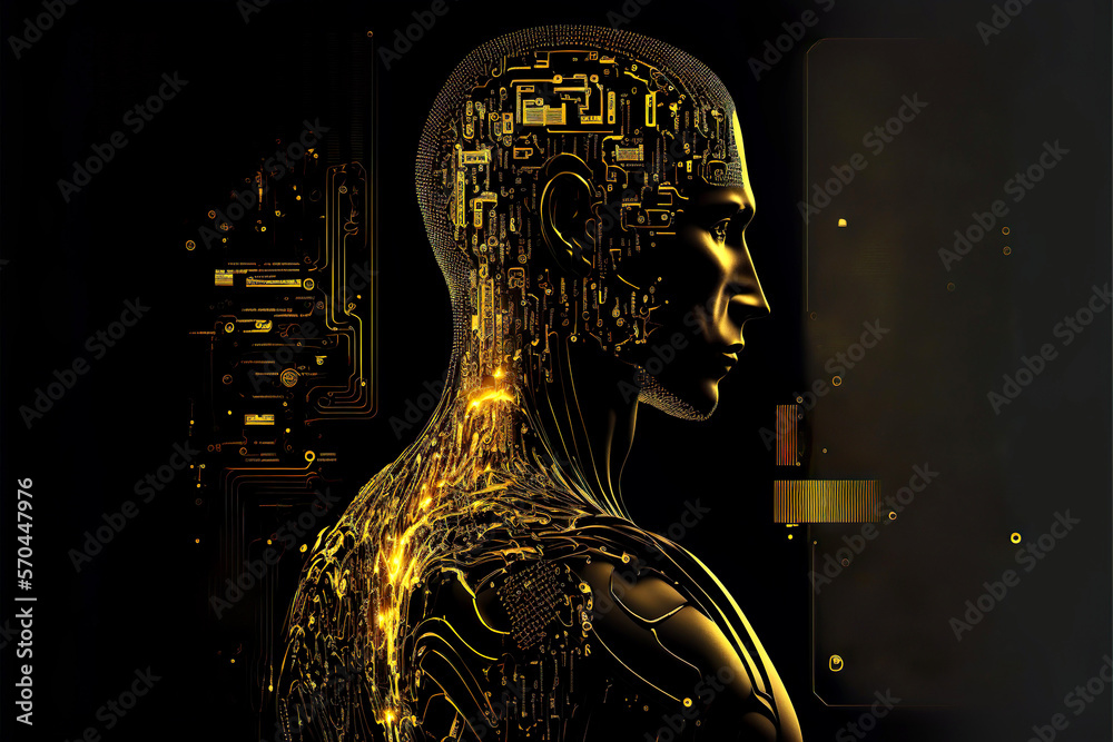AI block chain close up of a male silhouette. The man of the future ...