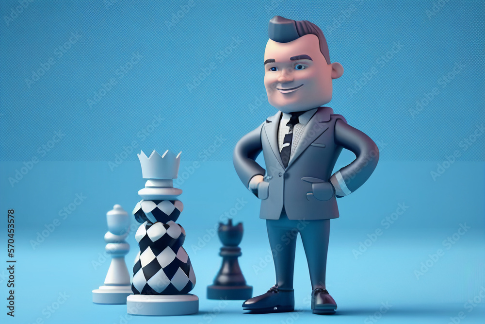 3D cartoon character cute Businessman person with chess board in ...
