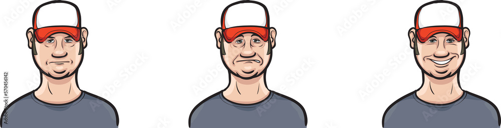 guy in cap face three expressions isolated user profile avatar heads ...