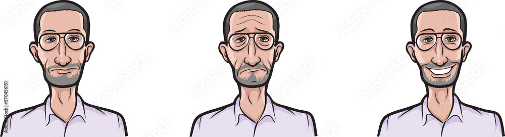 guy in glasses unshaved face three expressions isolated user profile ...