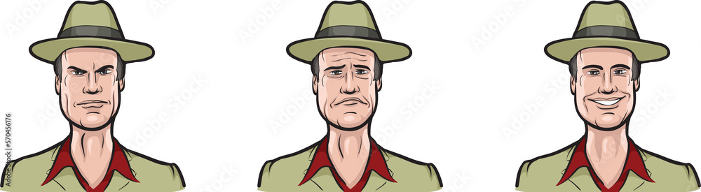 man in hat face three expressions isolated user profile avatar heads ...