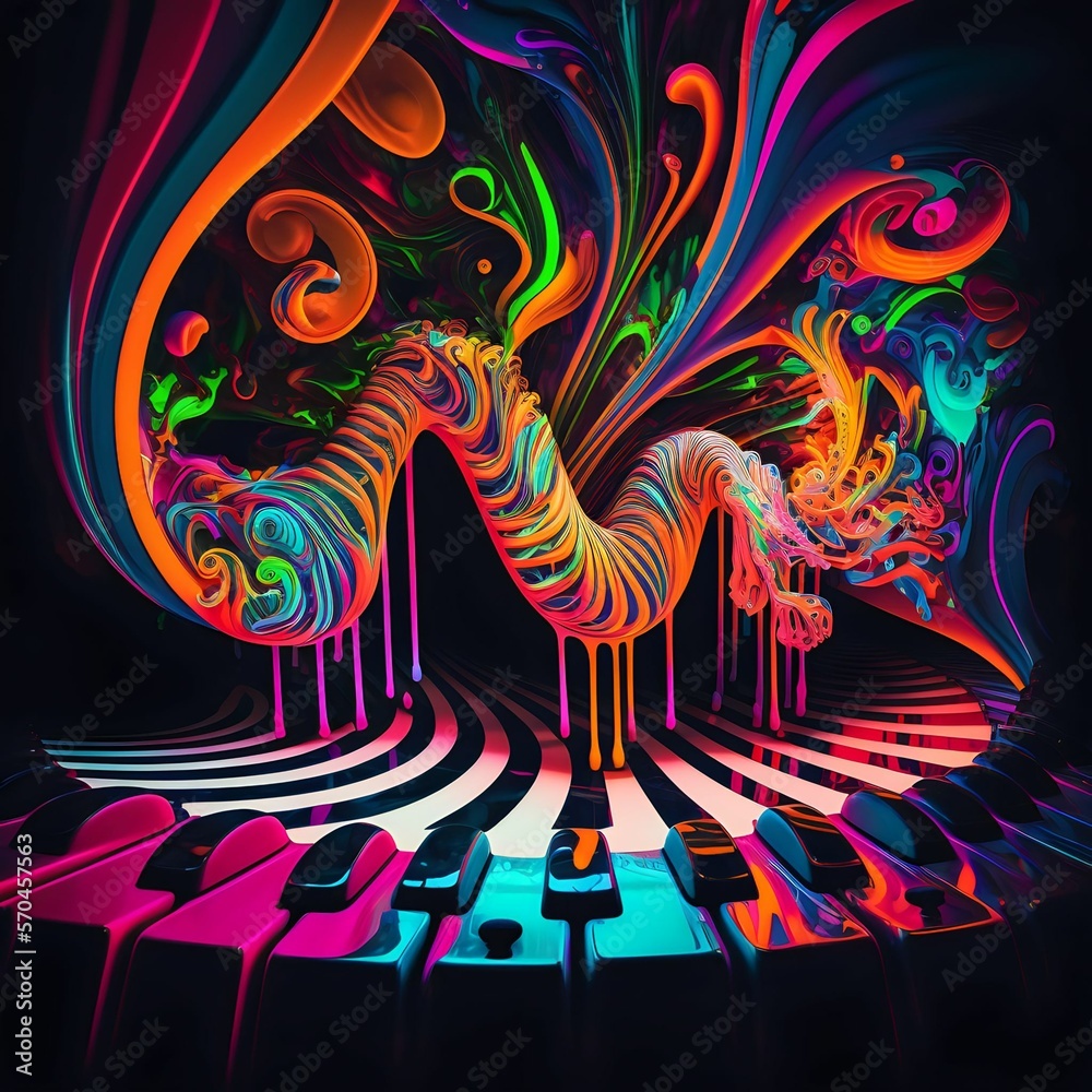 Piano keys inside a psychedelic DMT trip, neon colors, patterns, drips ...