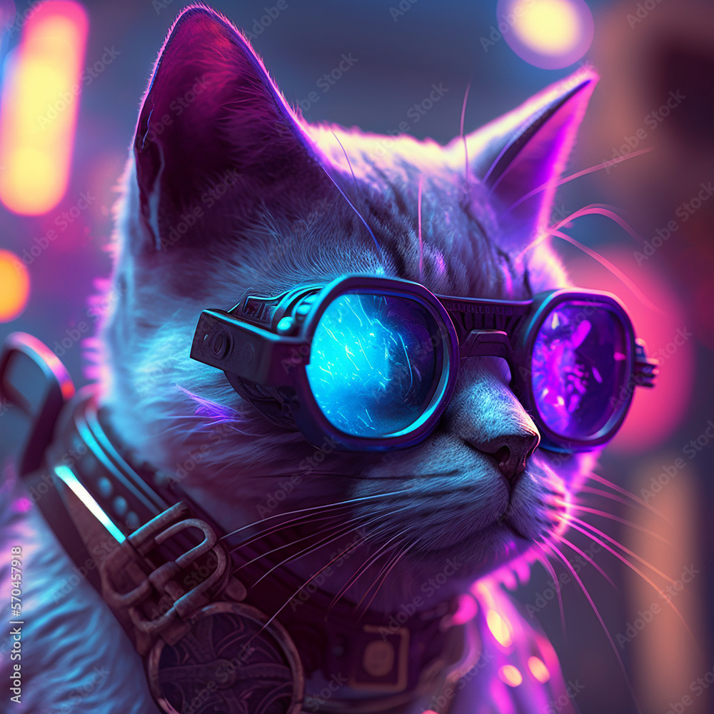 Cyberpunk, neon colored, blacklight futuristic cat. Created using ai ...