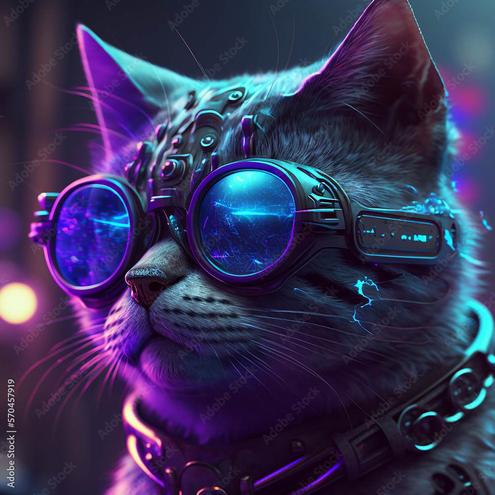 Cyberpunk, neon colored, blacklight futuristic cat. Created using ai ...