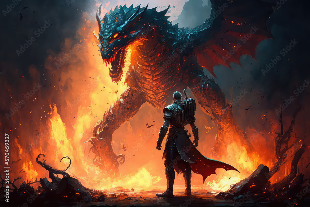 Stockillustratie Fire breathes explode from a giant dragon in a black ...