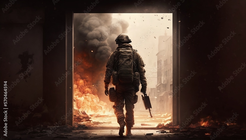 Soldier walking out of building in warzone, concept art, AI Generated ...