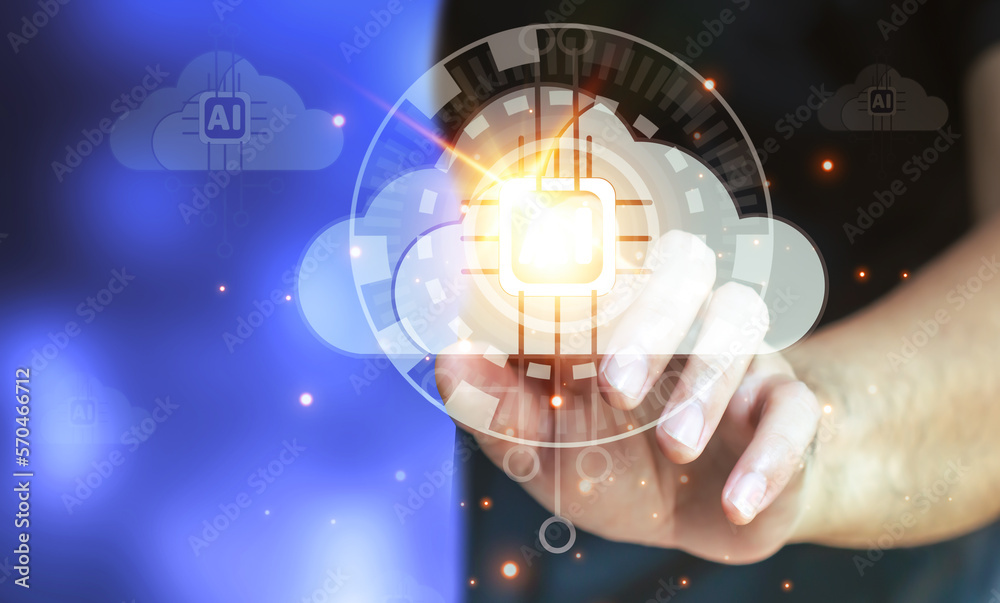 Businessman holding touch. Artificial intelligence, AI, Cloud computing, digital virtualization ...
