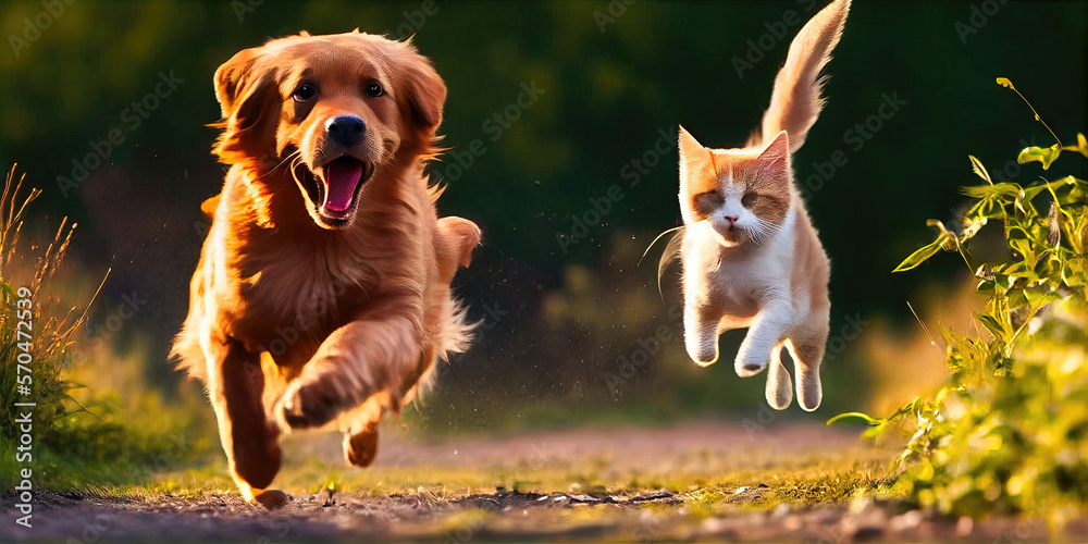 Adorable tabby cat and golden retriever dog running and playing ...