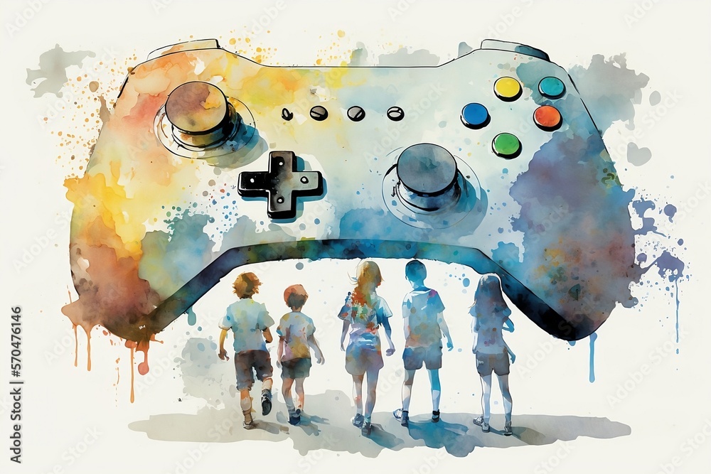 Poster giant video game controller children around, generative AI ...