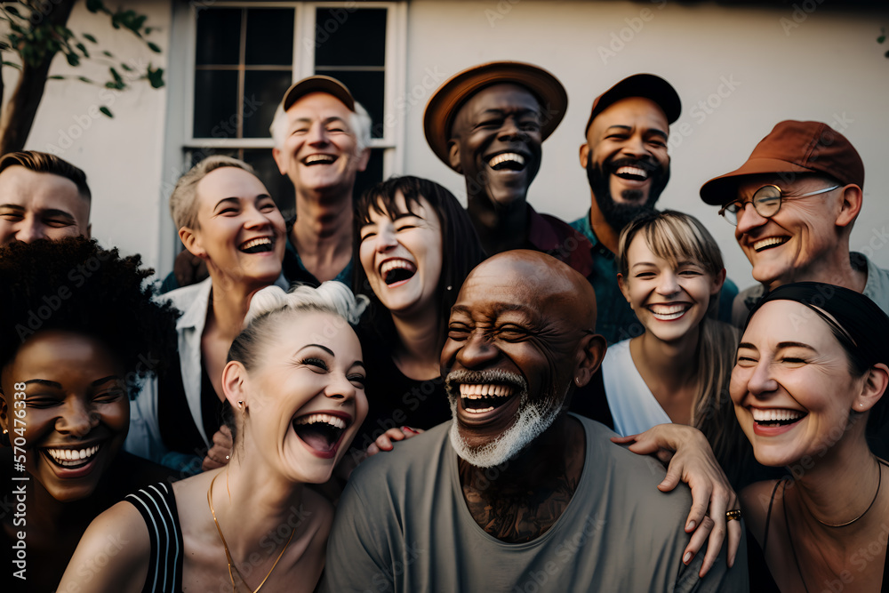 A happy, laughing and smiling wide angle photo of ethnically and ...
