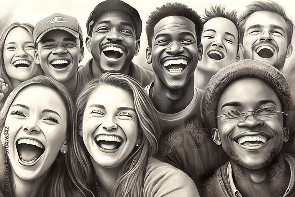 A happy, laughing and smiling wide angle photo of ethnically and ...