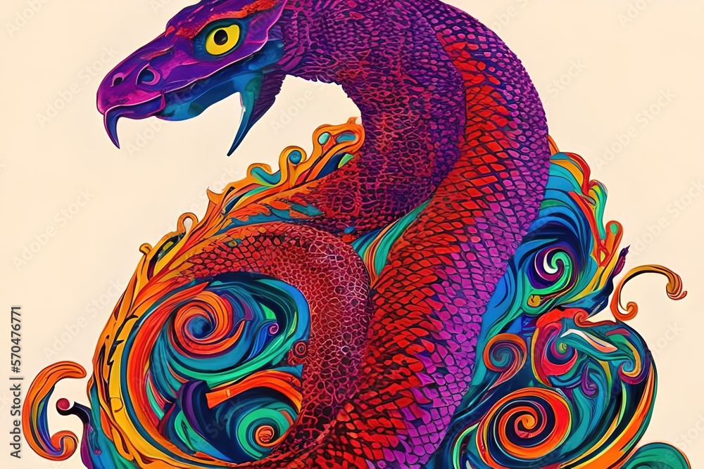 Snake, the head of a snake in a multi-colored flame. Abstract ...