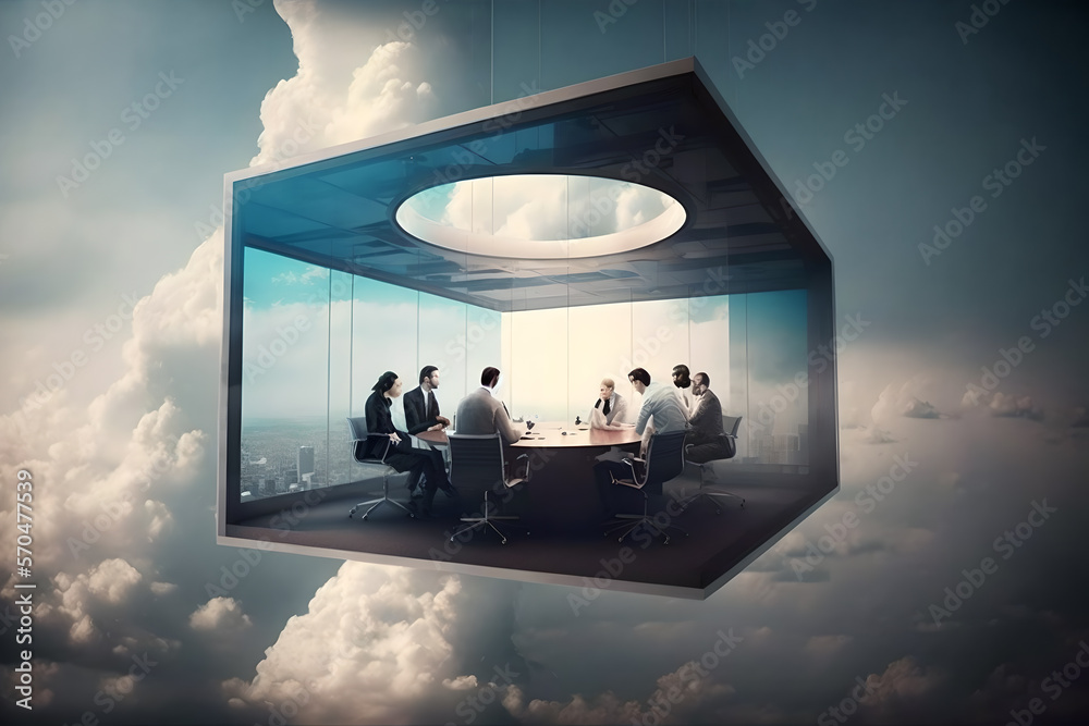 Office workers having a zoom meeting in the cloud, literally, in an ...