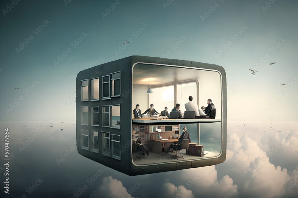 Office workers having a zoom meeting in the cloud, literally, in an ...