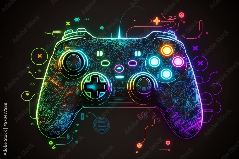 neon video game controller blurred background, generative AI, gamepad ...