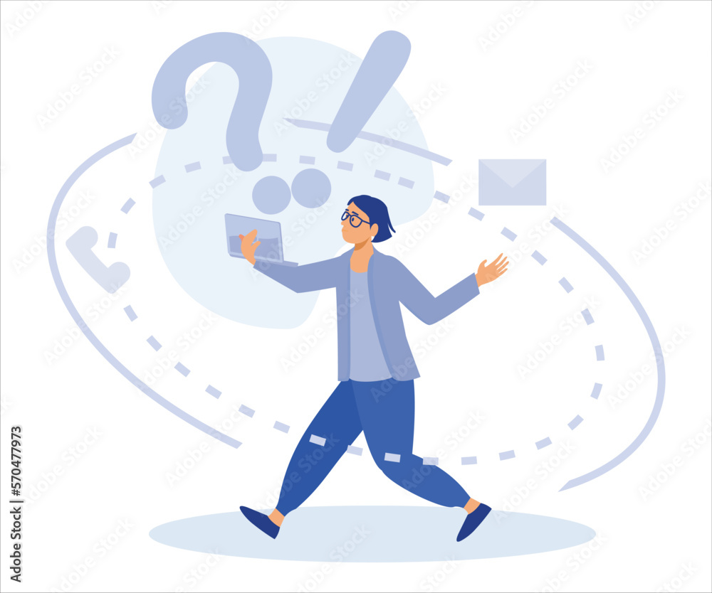People characters standing near exclamation and question marks. Woman ...