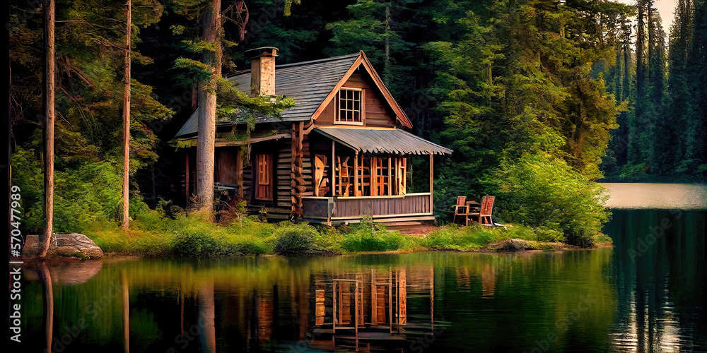 Wooden cabin by the lake in the forest - idyllic setting during the ...