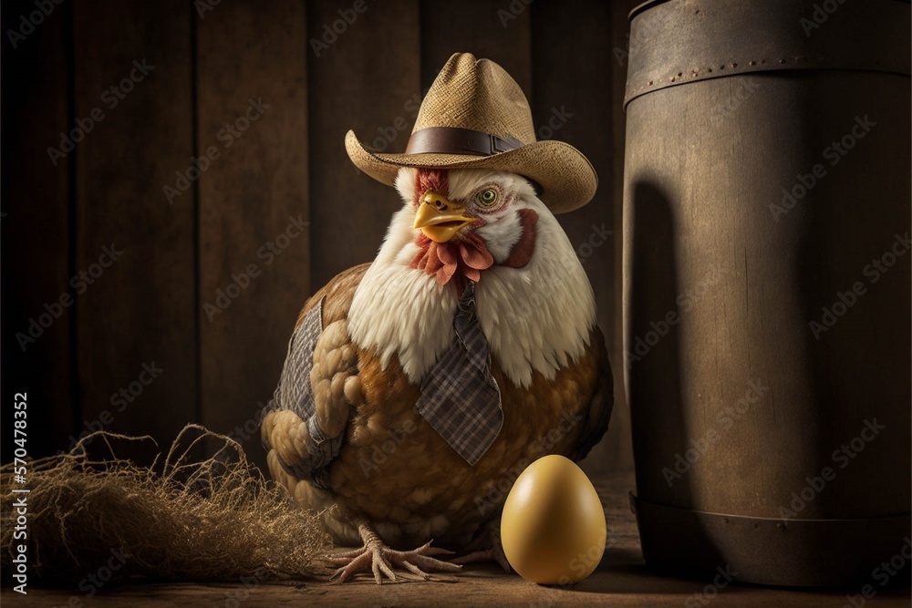 chicken wearing a cowboy hat next to an egg. generative ai. Stock ...