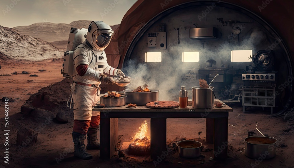 An astronaut cooking on Mars, in a compact, high-tech kitchen set ...