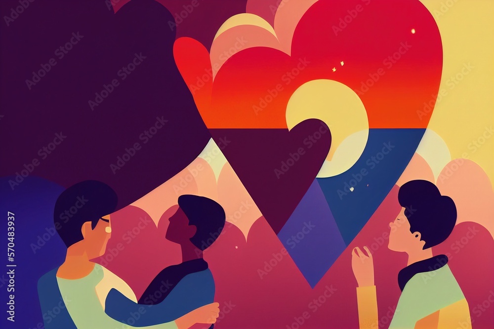 LGBTQIA+ Polyamorous happy couple abstract art color block pride month ...