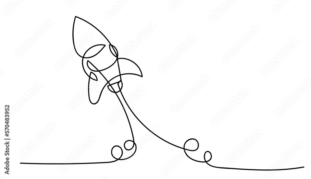 One continuous line drawing of simple retro spacecraft flying up to the ...