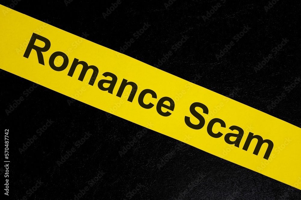 Romance scam alert, caution and warning concept. Yellow barricade tape ...